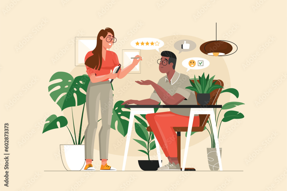 Best feedback yellow concept with people scene in the flat cartoon ...