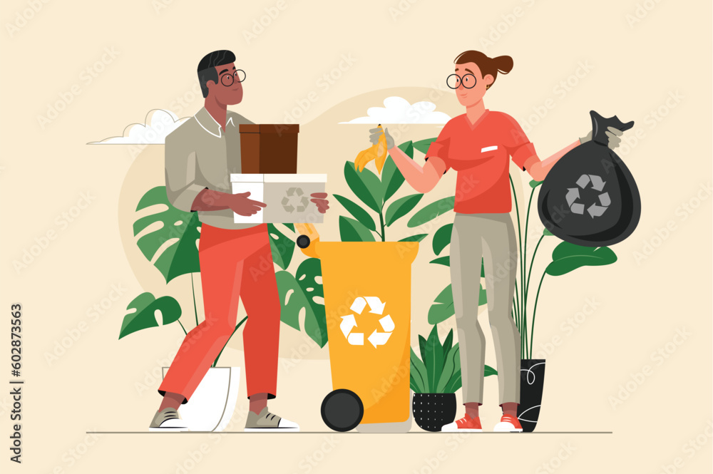 Garbage sorting yellow concept with people scene in the flat cartoon ...