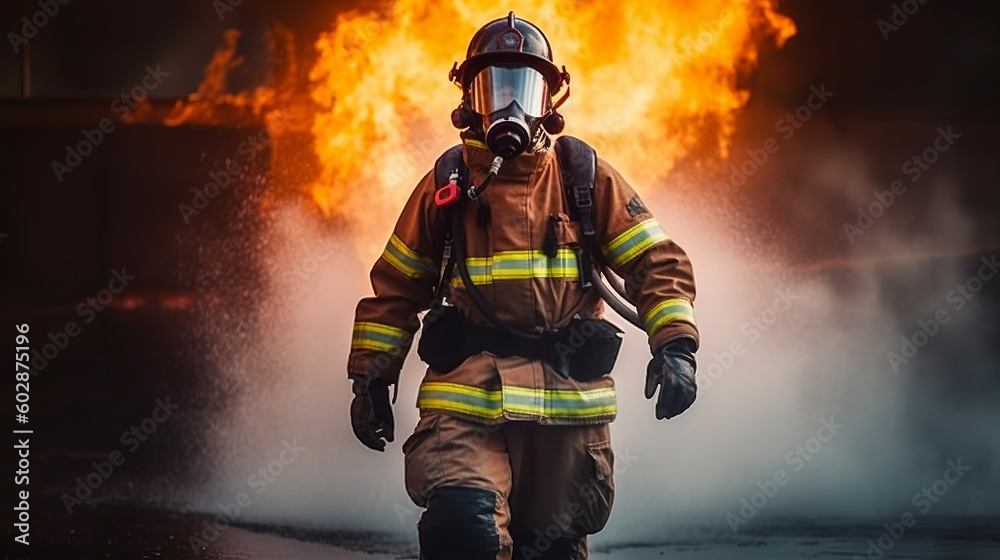 firefighter training., fireman using water and extinguisher to fighting ...
