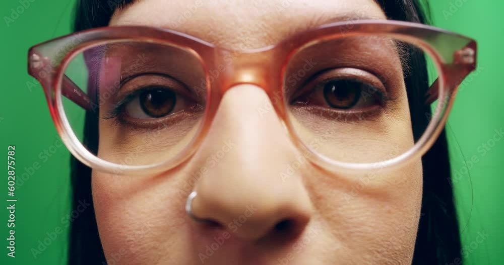 Vidéo Stock Closeup, glasses and eyes of woman in studio for ...