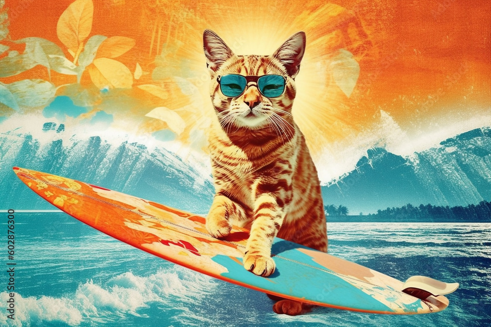 funny cat, king of surf, pop style surreal collage, generative ai ...