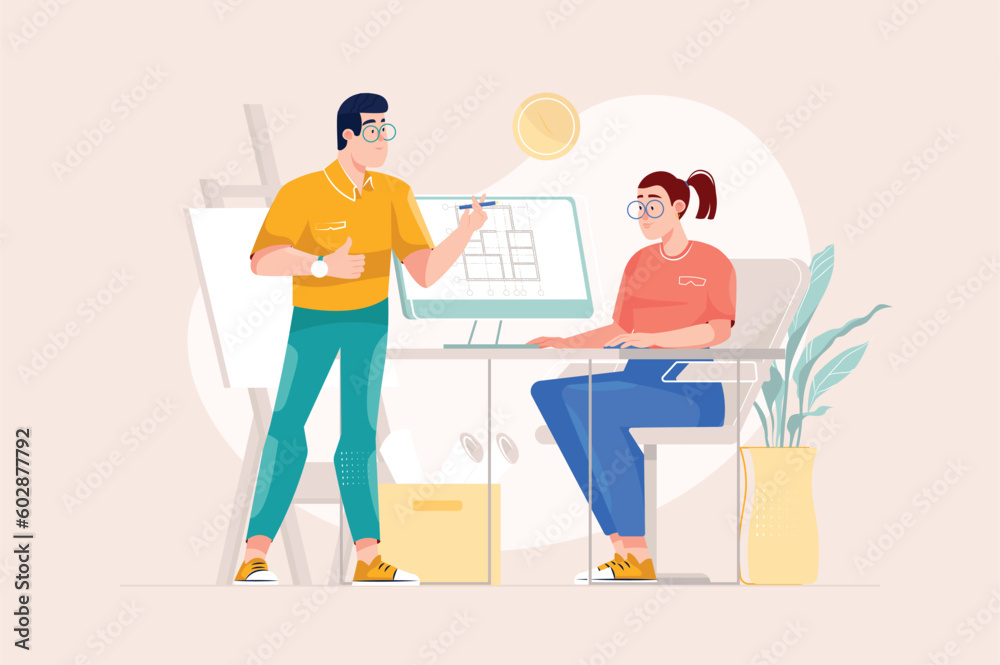 Architect studio yellow concept with people scene in the flat cartoon ...