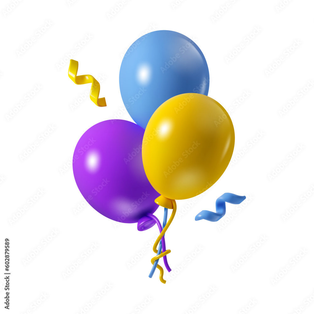 Air balloons vector 3d icon. Purple, yellow and blue simple birthday ...
