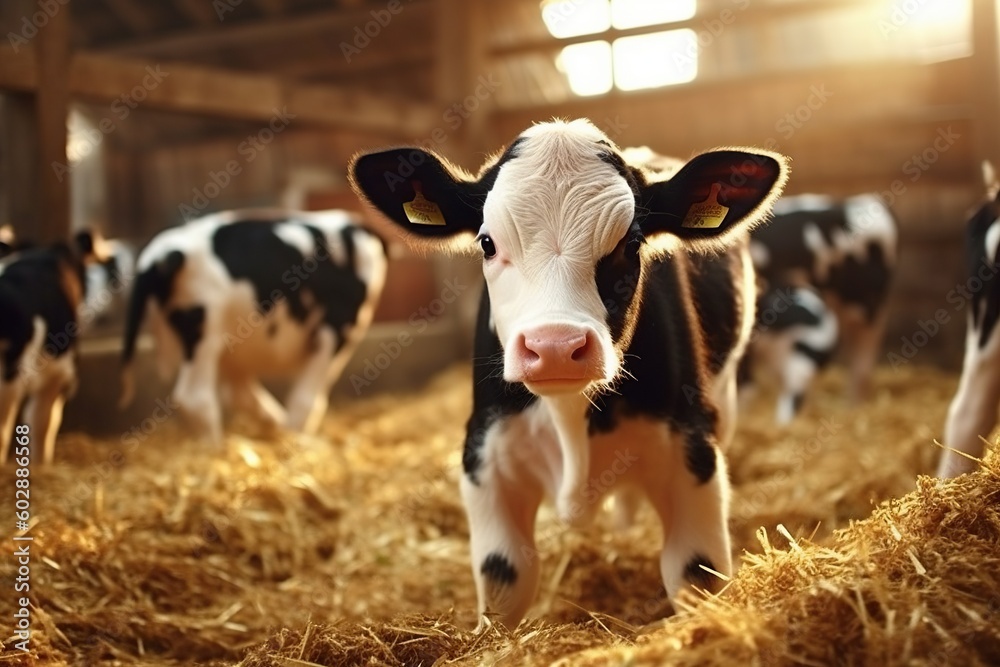 In the nursery of a dairy farm, a young cow calf finds comfort and care ...
