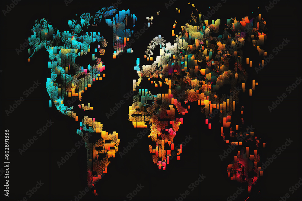 World hacker-style computer map. Computer product presenting a colorful ...