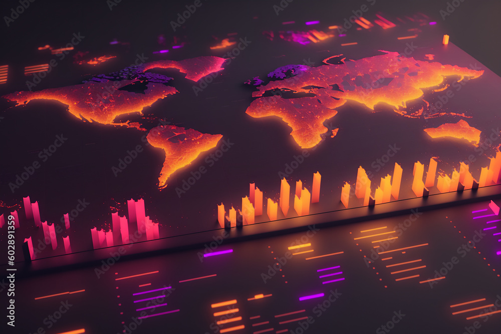 World hacker-style computer map. Computer product presenting a colorful ...