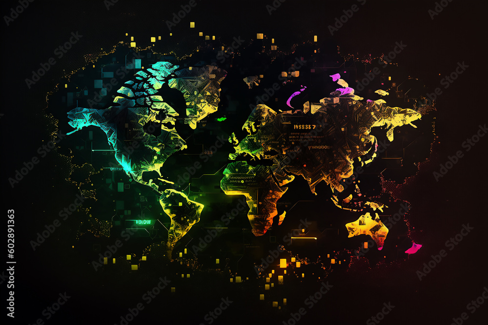 World hacker-style computer map. Computer product presenting a colorful ...