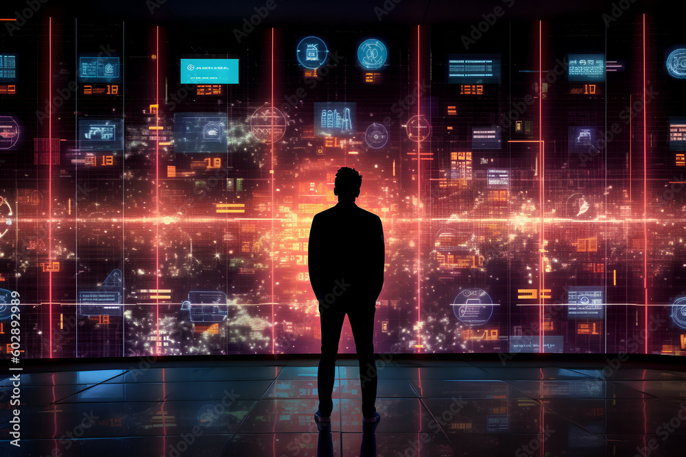 The silhouette of a person standing in front of a large digital screen ...