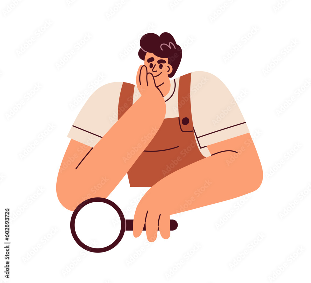 Happy curious person with magnifying glass, lens. Researcher with ...