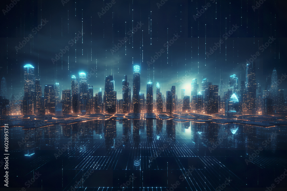 Futuristic digital city, matrix megapolis. Data transfer technology ...