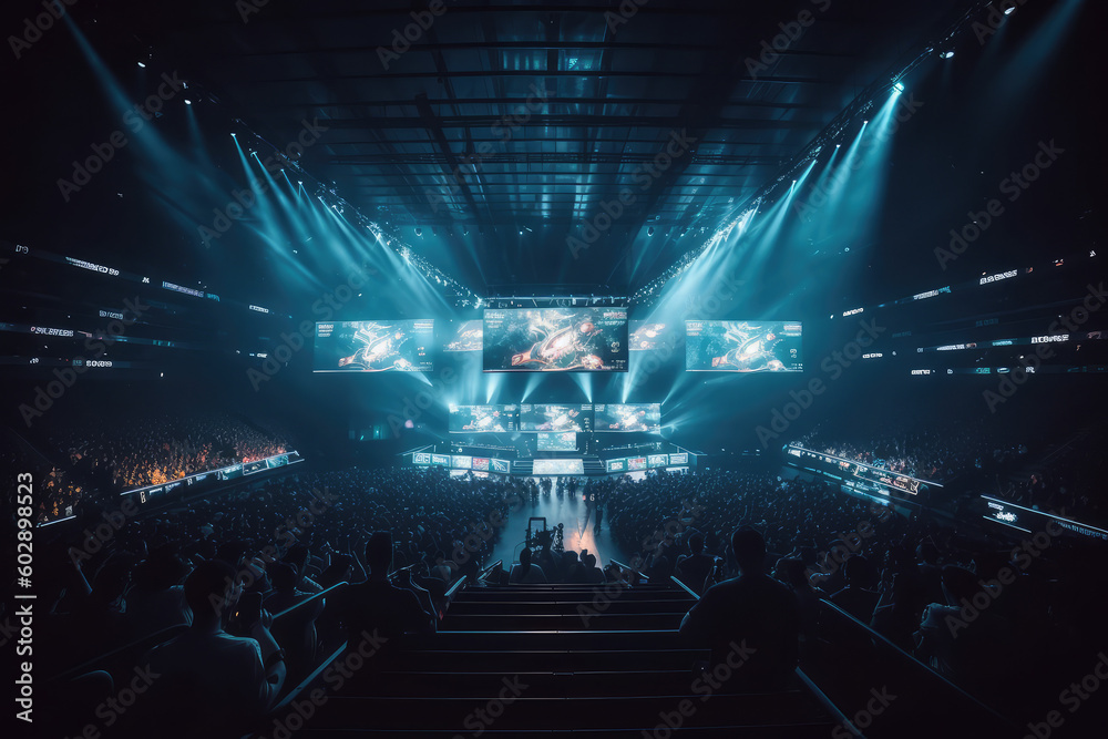 E-sports arena, filled with cheering fans and colorful LED lights ...