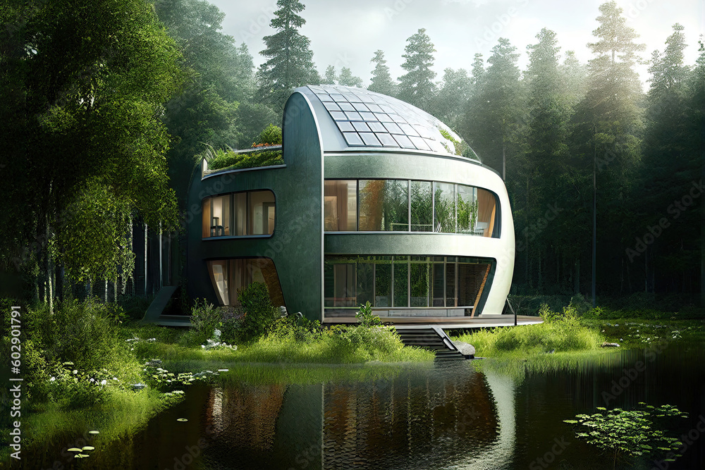 Modern green energy house with solar panels in nature (Generative AI ...