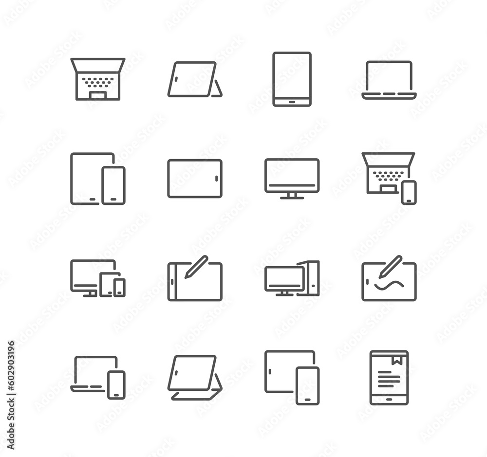 Set of personal devices related icons, tablet, desktop pc workstation ...