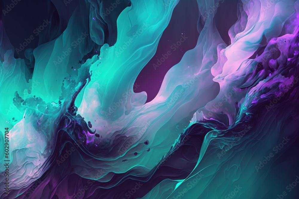 Abstract blue, mint, and purple background with interlaced smoke glitch ...