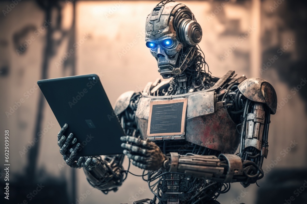 Robot hominoid using tablet computer for engineering science studying using AI thinking brain ...