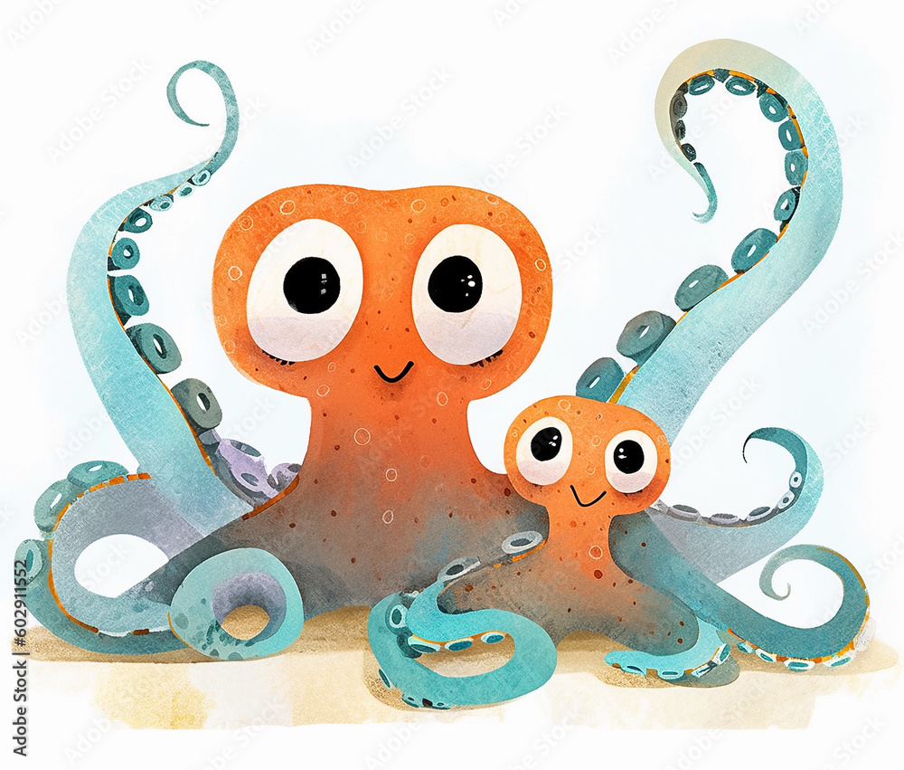Cartoon funny octopus family. Portrait of mother with child ...