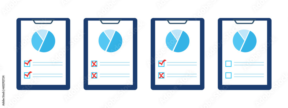 A set of documents with a pie chart, a graph marked with a red check ...