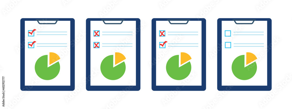 Set of document icons with a pie chart, graph marked with a red check ...