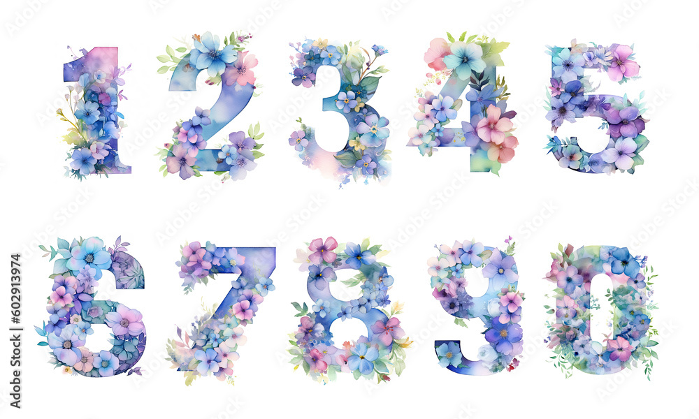 Watercolor cute numbers with spring wildflowers. Pastel pink, blue ...