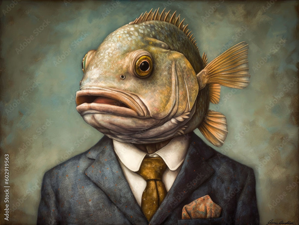 anthropomorphic portrait of fish in gray suit A fish with wide open ...