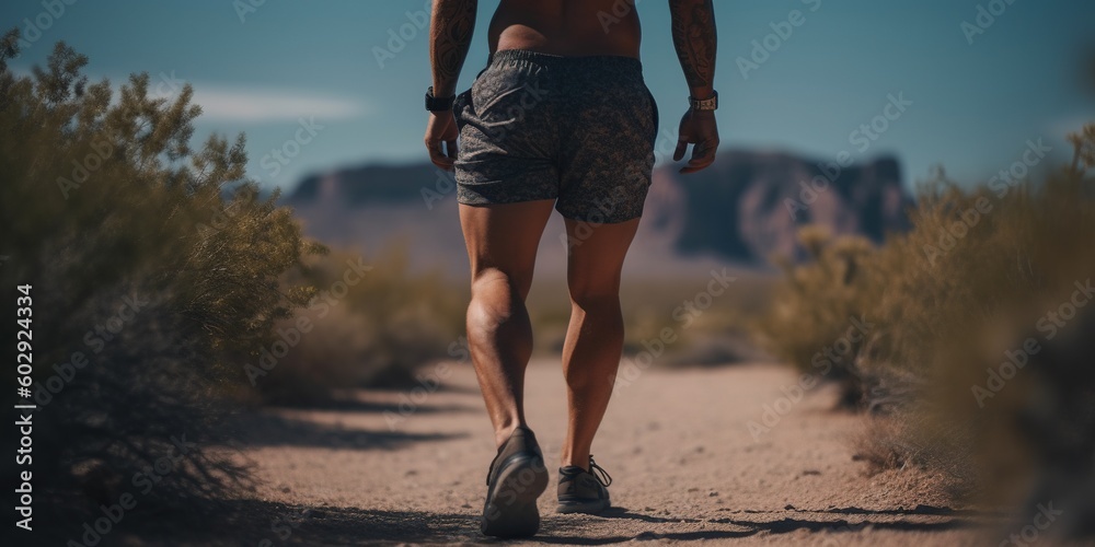 Bodybuilder legs, back view, inflated calves. Bodybuilder in shorts ...
