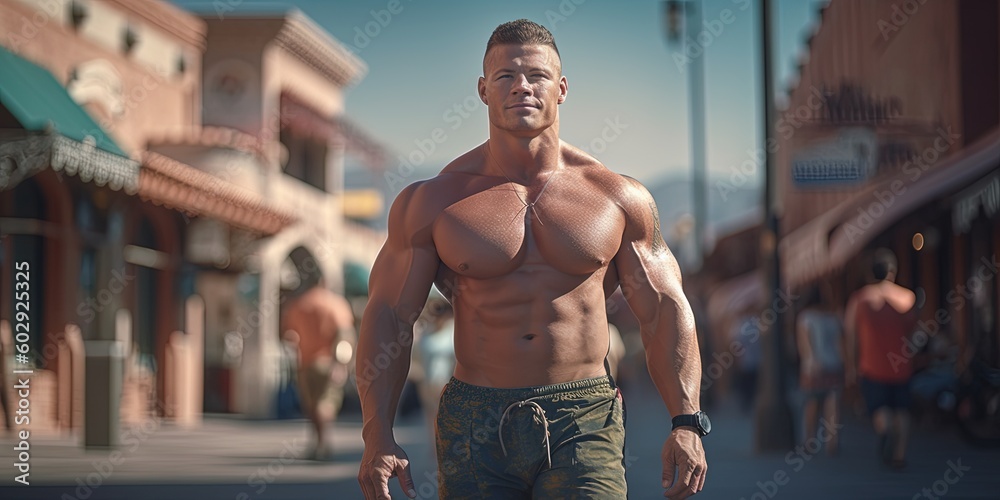 Handsome young man with muscular body and tattooed torso. Bodybuilder ...