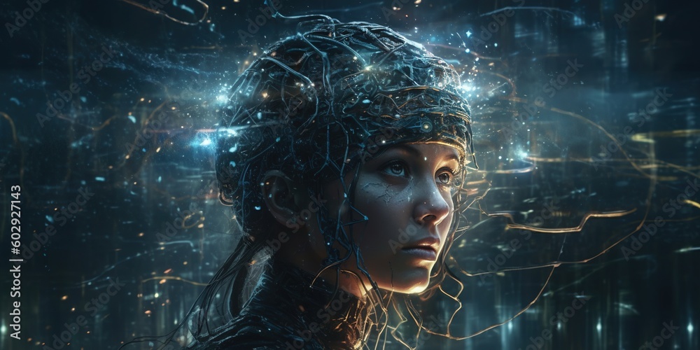 A woman's head with electronic components, cables and technology ...