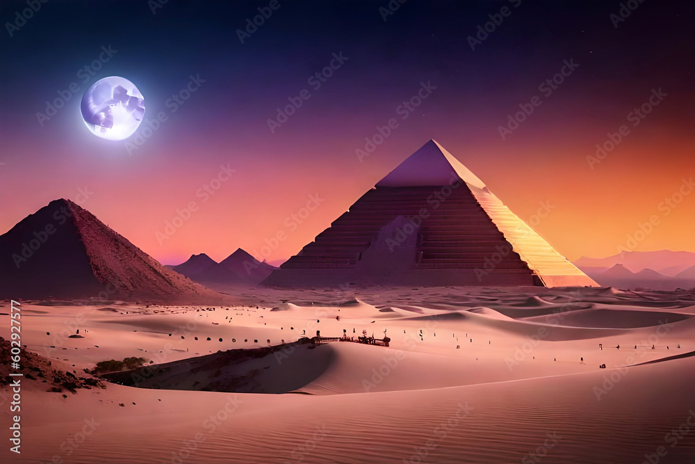 Night futuristic neon Egypt city with pyramid background. Dark cyber ...
