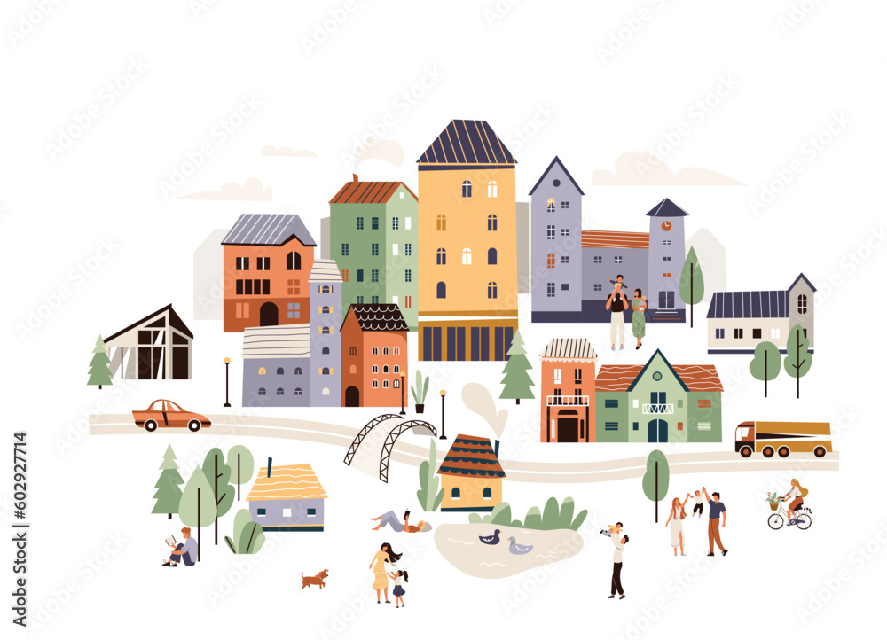 City life scene with people vector illustration. Flat modern town Stock ...