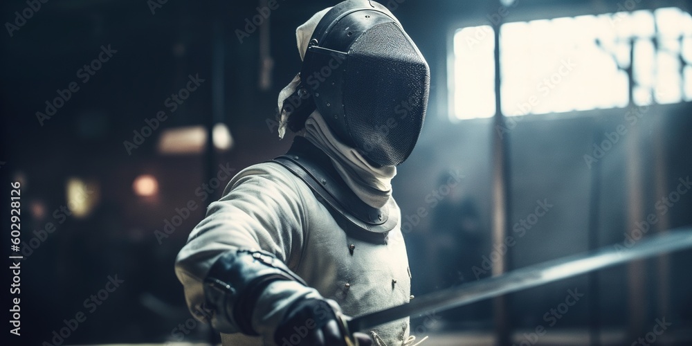 Swordsman. A man in a fencing suit is training with a sword. Sports ...