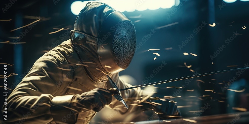 Swordsman. A man in a fencing suit is training with a sword. Sports ...