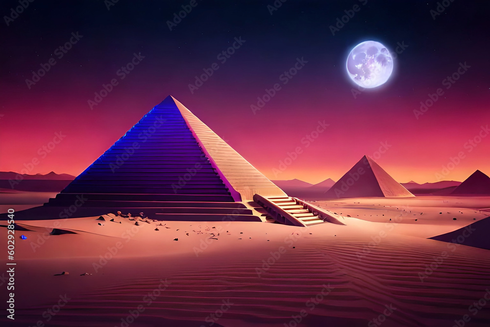 Night futuristic neon Egypt city with pyramid background. Dark cyber ...