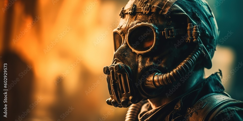 Soldier wearing gas mask in post-apocalyptic city ruins and battlefield ...