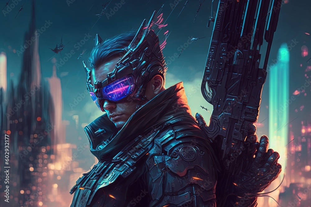 Armed super soldier with supersonic gun in the cyber city. cyberpunk ...