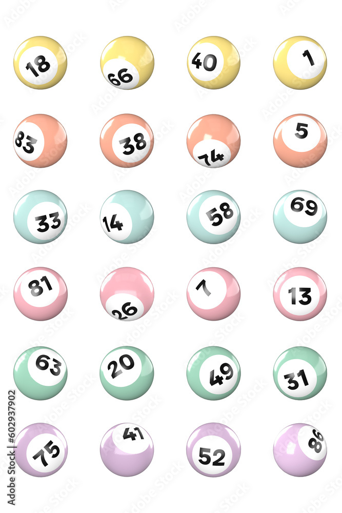 Collection of pastel multi coloured bingo balls in PNG format. 3D ...