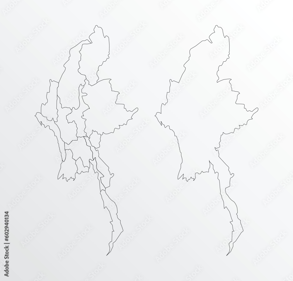 Black Outline vector Map of Myanmar with regions on white background ...