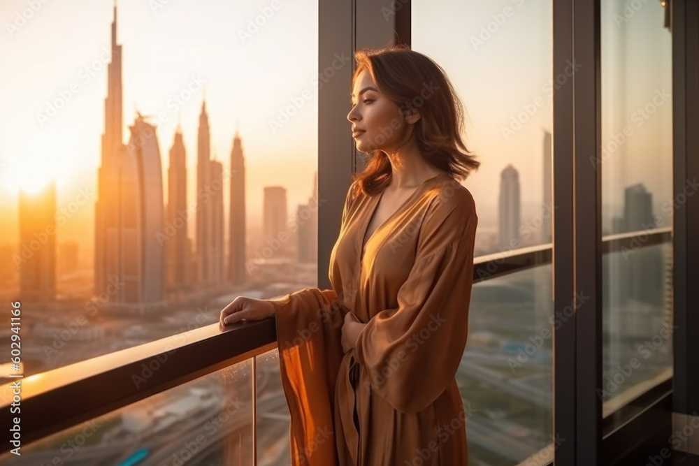 Stylish and rich woman in dress enjoying Dubai skyline with skyscrapers ...