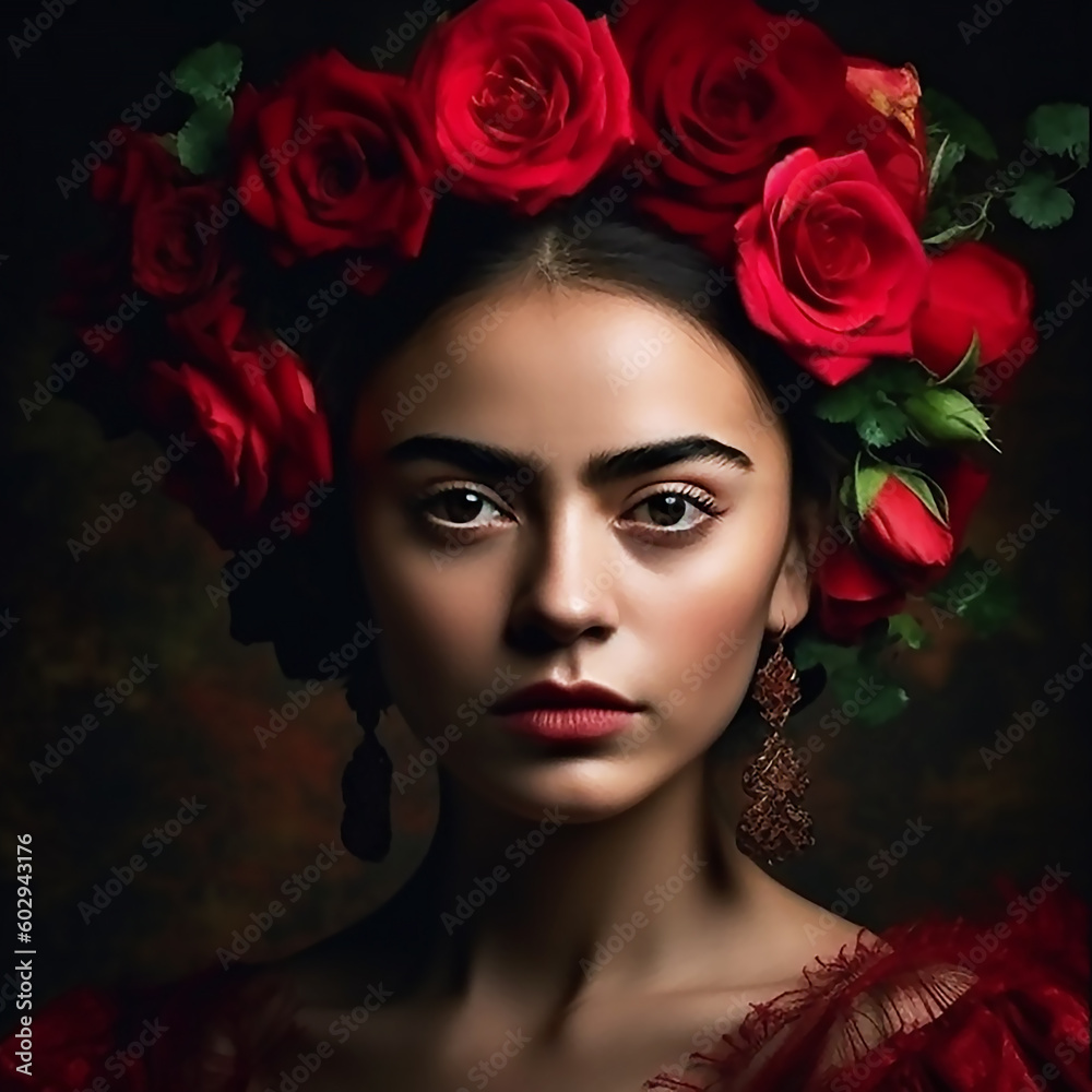 Beautiful young woman with bright red make up and roses on black ...