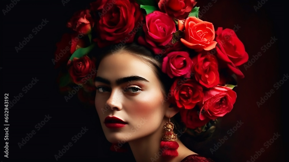 Beautiful young woman with bright red make up and roses on black ...