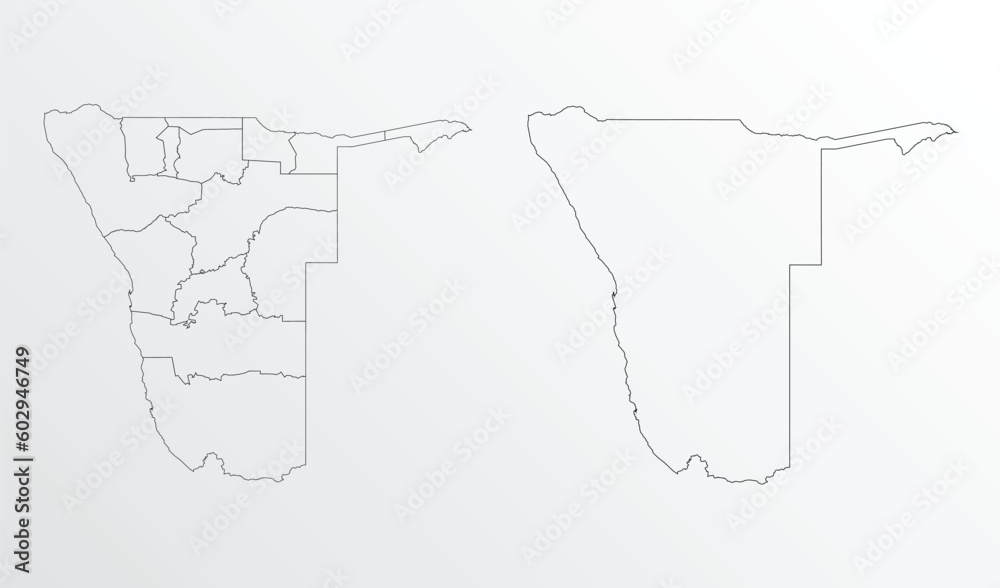 Black Outline vector Map of Namibia with regions on white background ...
