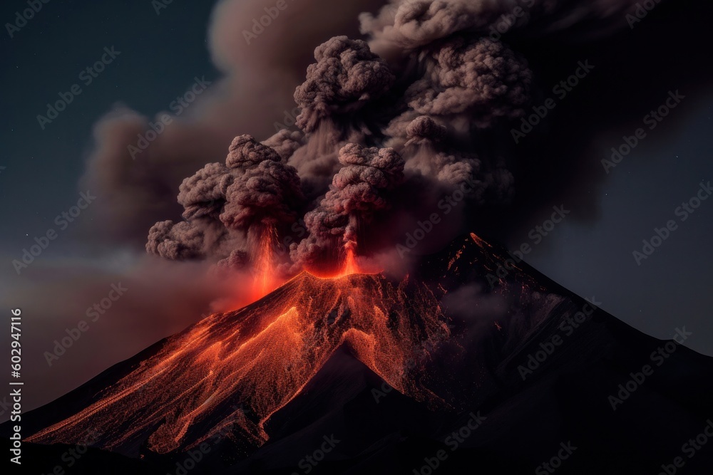 Erupting vulcano with melting lava and a cloud of black ash smoke ...