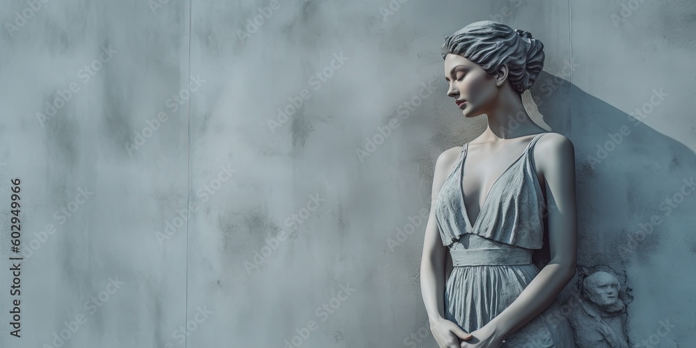 Beautiful woman statue on a light blue concrete wall, front view ...