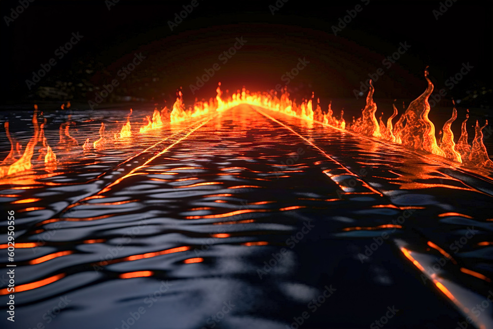 Abstract black background with wet long road on fire, blazing flames ...