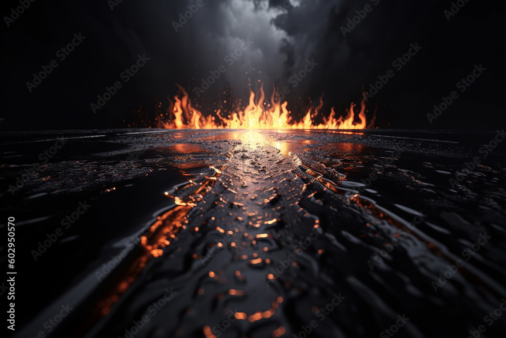 Abstract black background with wet long road on fire, blazing flames ...