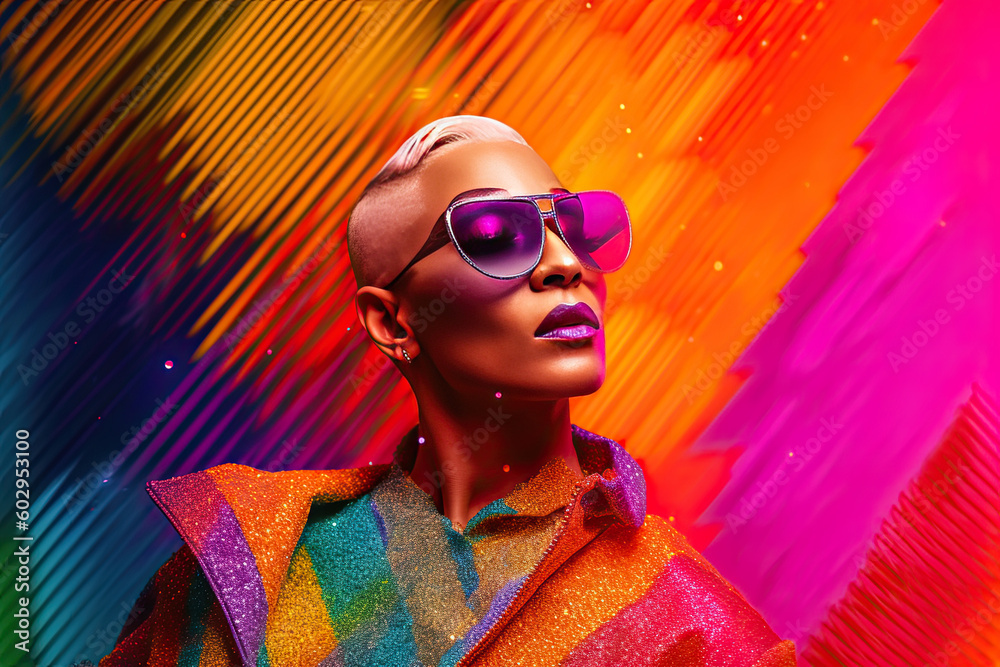 Drag queen with the rainbow flag colors on the background. Pride ...