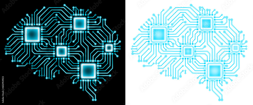 Circuit board blue glow light with human brain. with four microchip ...