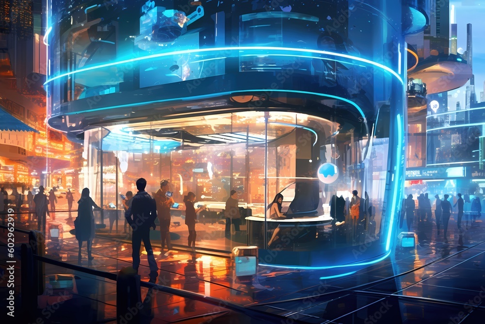 Conceptual representation of a futuristic cafe or bar set in the city ...