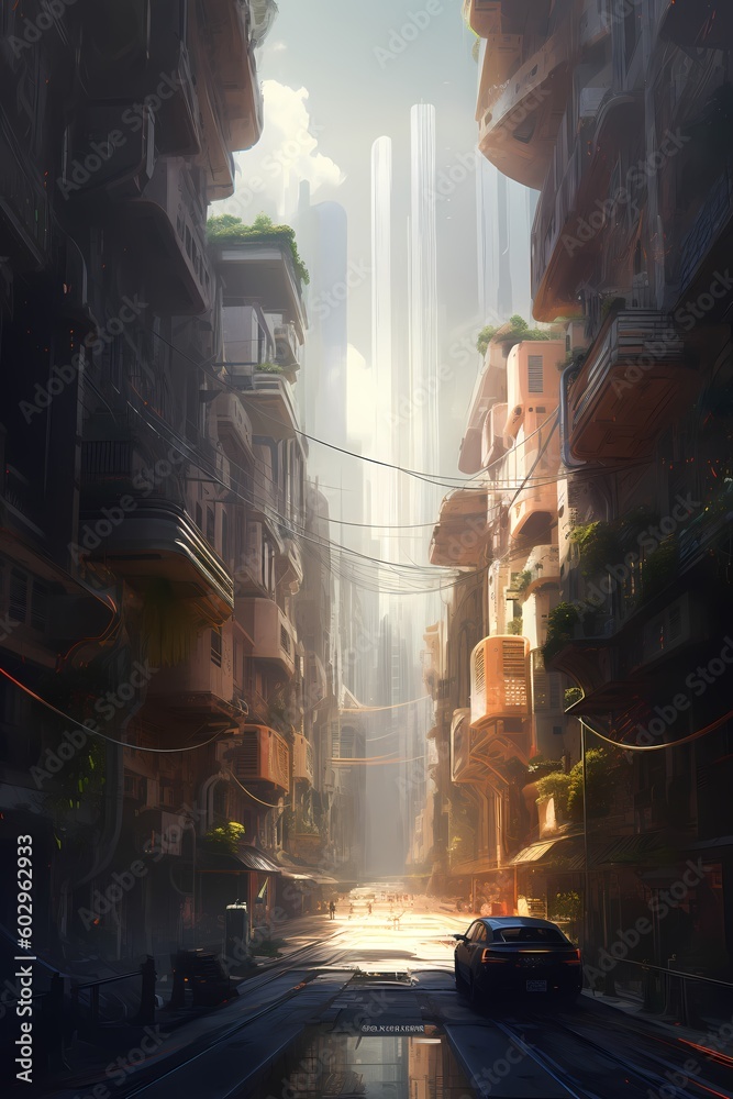 Visual artwork capturing the beauty of a futuristic city street view. A ...