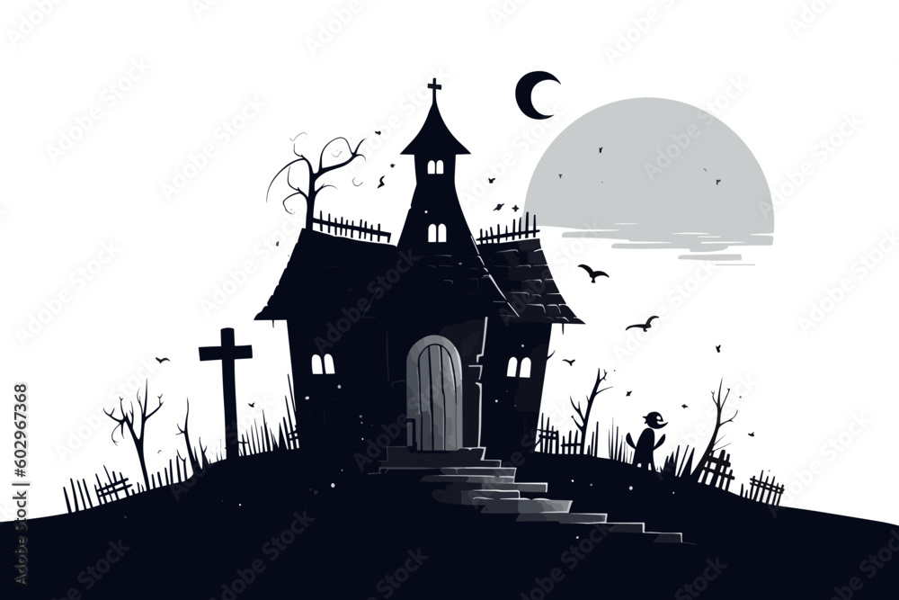 Doodle inspired Exorcist at haunted house, cartoon sticker, sketch ...