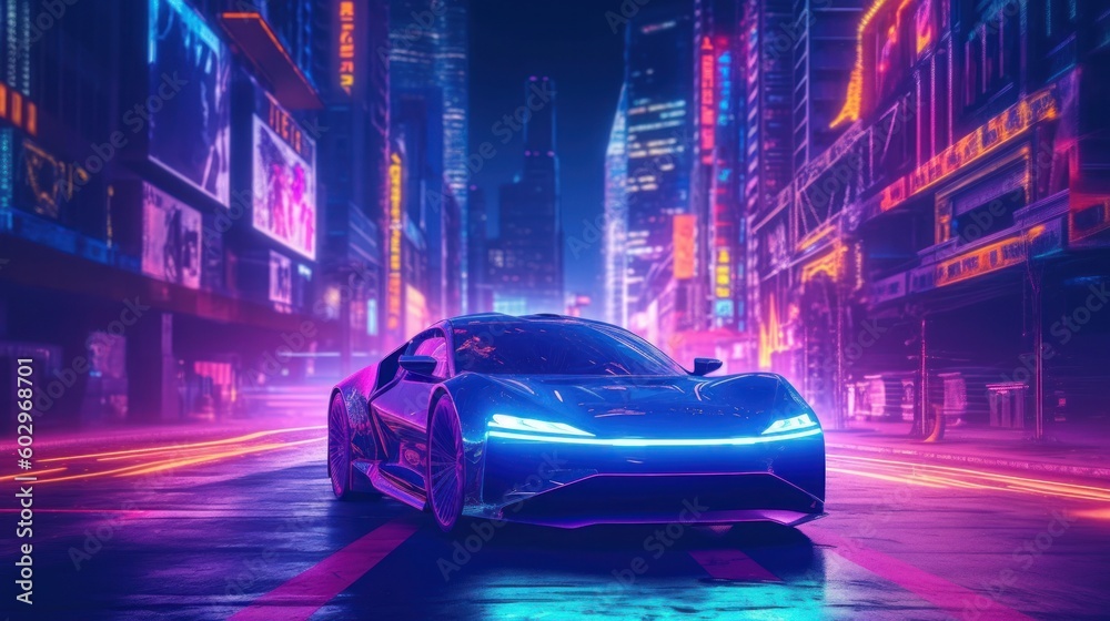 Shiny futuristic sports car on a blurred cyberpunk city street background with bright neon ...